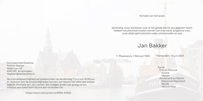 Rouwkaart Jan Bakker · MTC Bequick